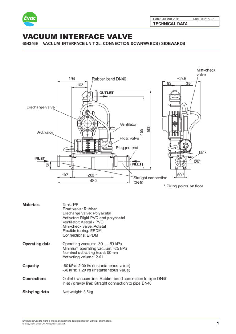 Manual with Part Numbers for Evac Vacuum Interface Valve 2L - Marine Spares