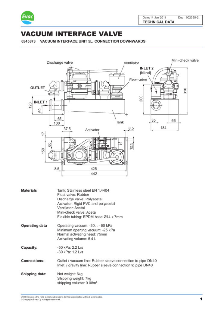 EVAC Vacuum Interface Valve 5L - Marine Spares