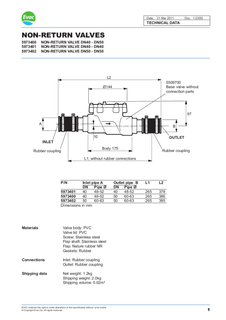 EVAC NON-Return Valves - Marine Spares