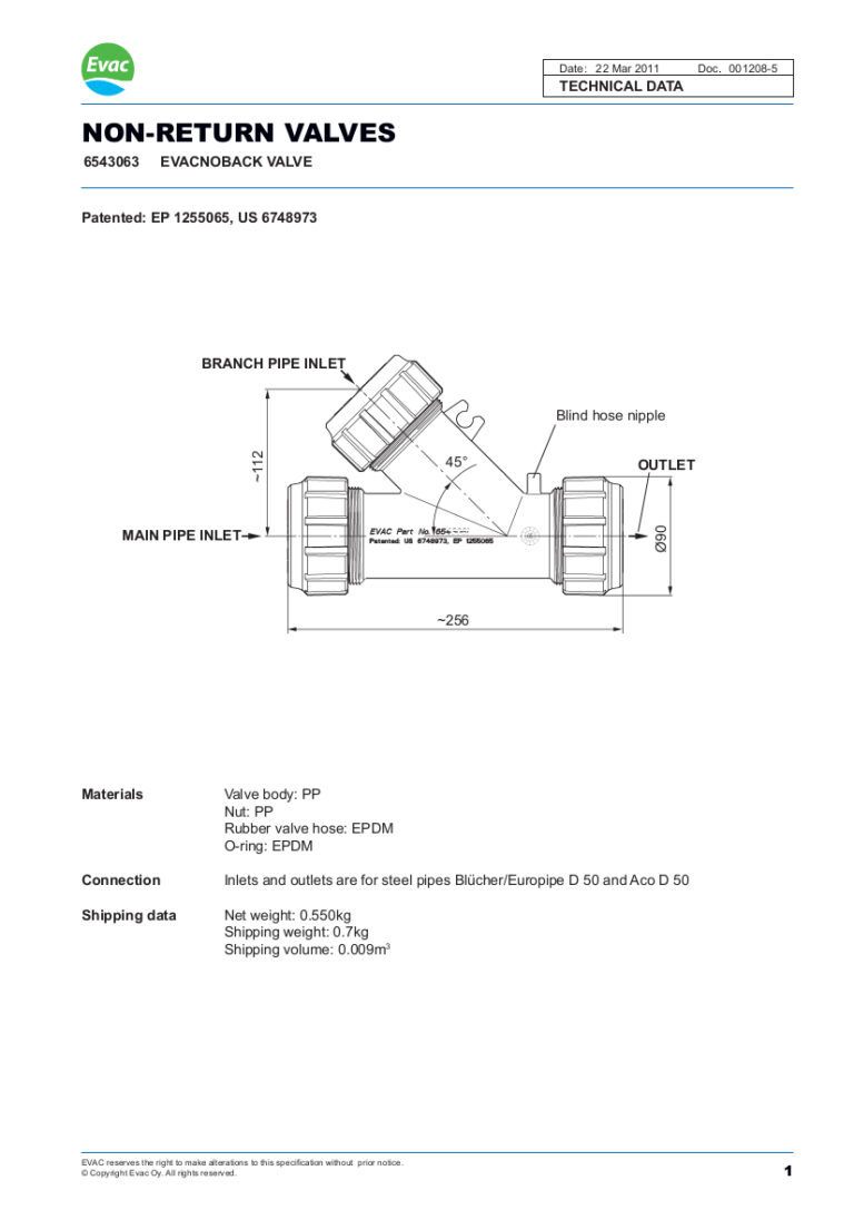 EVAC NON-Return Valves - Marine Spares