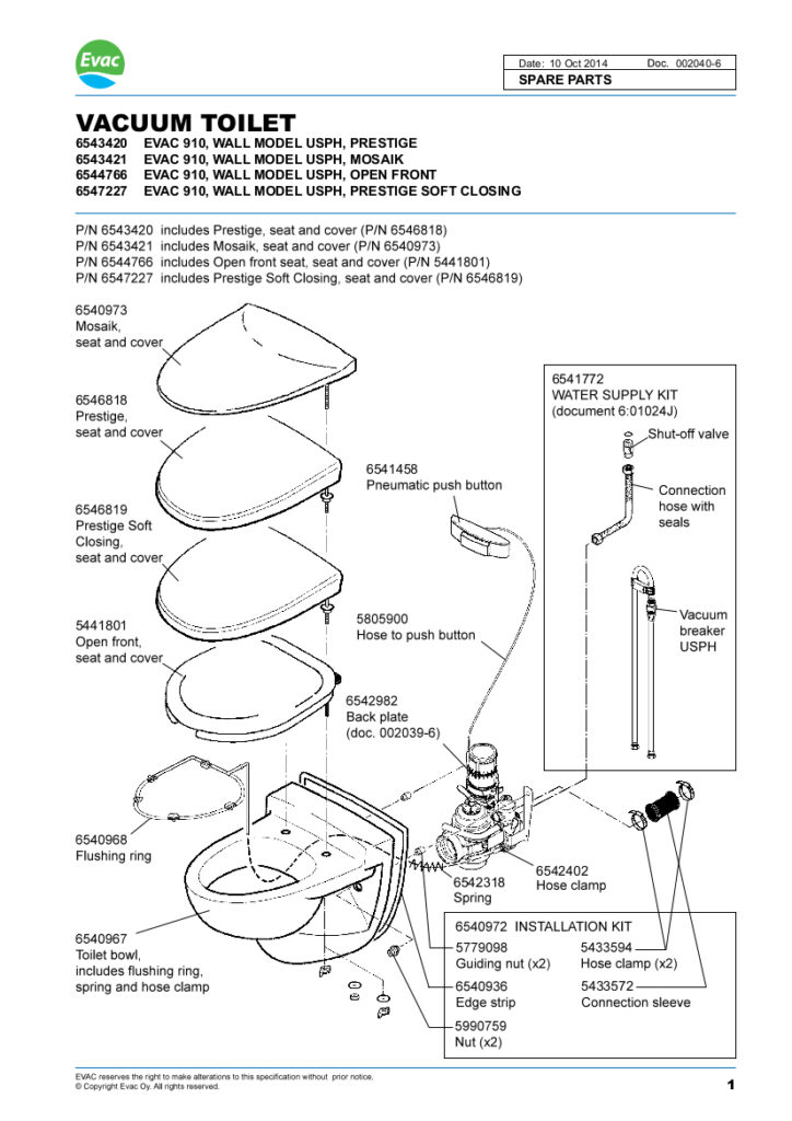 Part Numbers and Technical Documentation for EVAC 910 Toilets - Marine ...