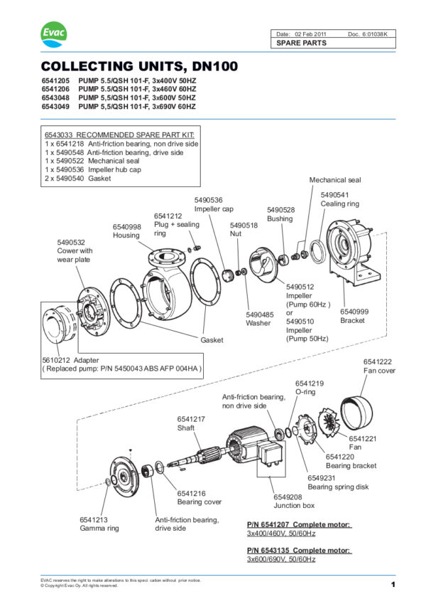Manual with Part Numbers for Evac Collecting Unit | Marine Spares ...