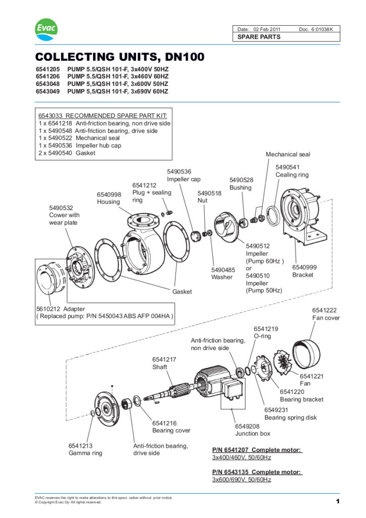 Manual with Part Numbers for Evac Collecting Unit | Marine Spares ...