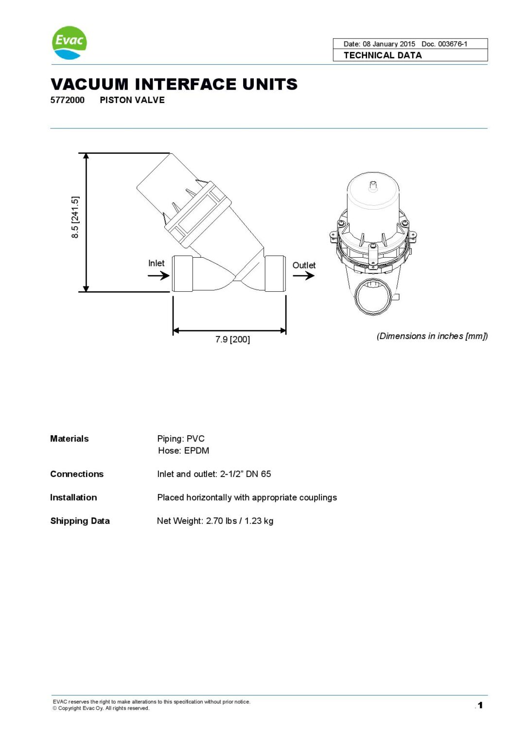 Evac Vacuum Interface Unit Piston Valve - Marine Spares