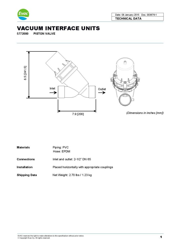 Evac Vacuum Interface Unit Piston Valve - Marine Spares