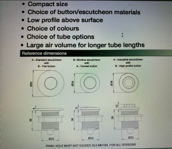 Bespoke Pneumatic Push Button for EVAC toilets to fit 35mm - Marine Spares